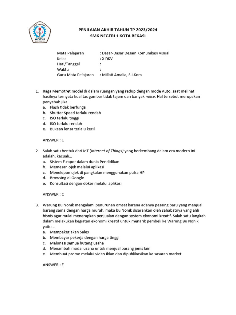 X Dkv Dasar Dkv Millati Amalia S I Kom Naskah Soal Pat Pdf