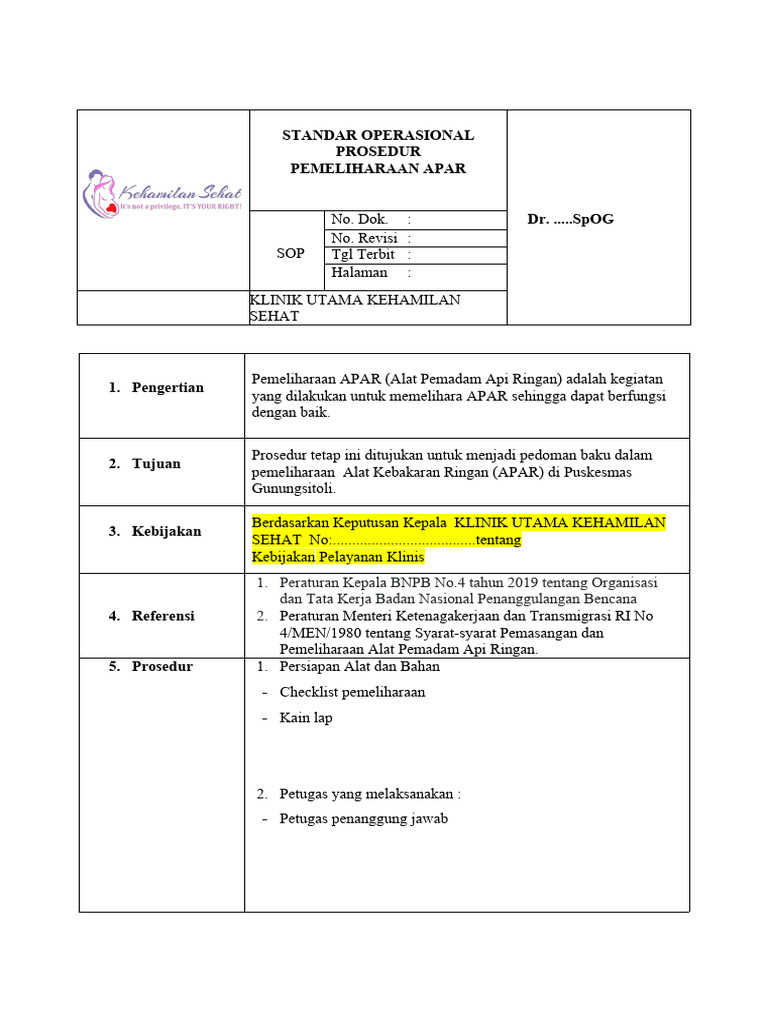 Sop Pemeliharaan Apar Dan Penggunaan Apar | PDF