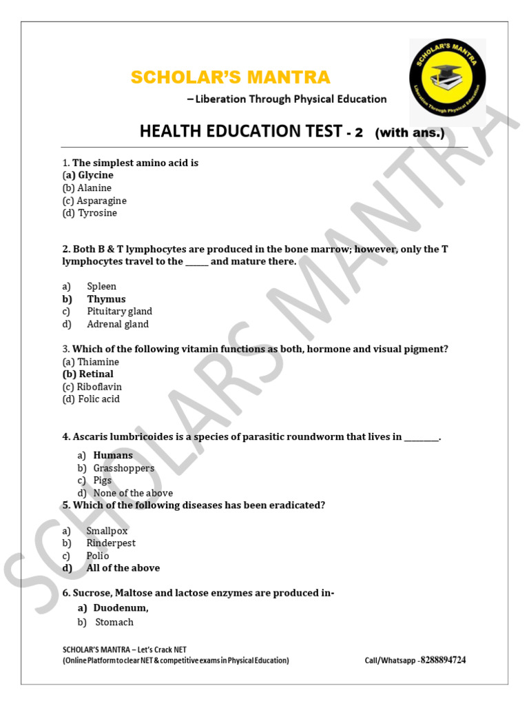 Health Education Test - 2 | PDF | Lymphocyte | Infection