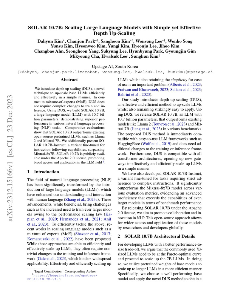 SOLAR 10.7B Scaling Large Language Models With Simple Yet Effective Depth Up-Scaling | PDF ...