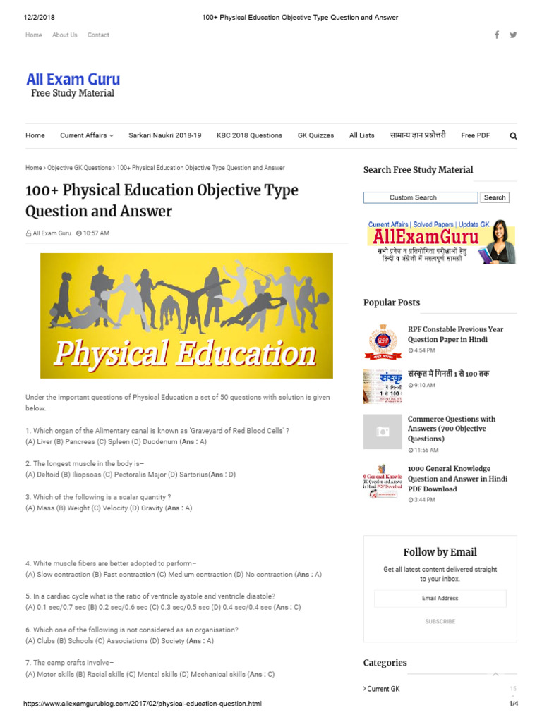 50 Physical Education Objective Type Question and Answer | PDF ...