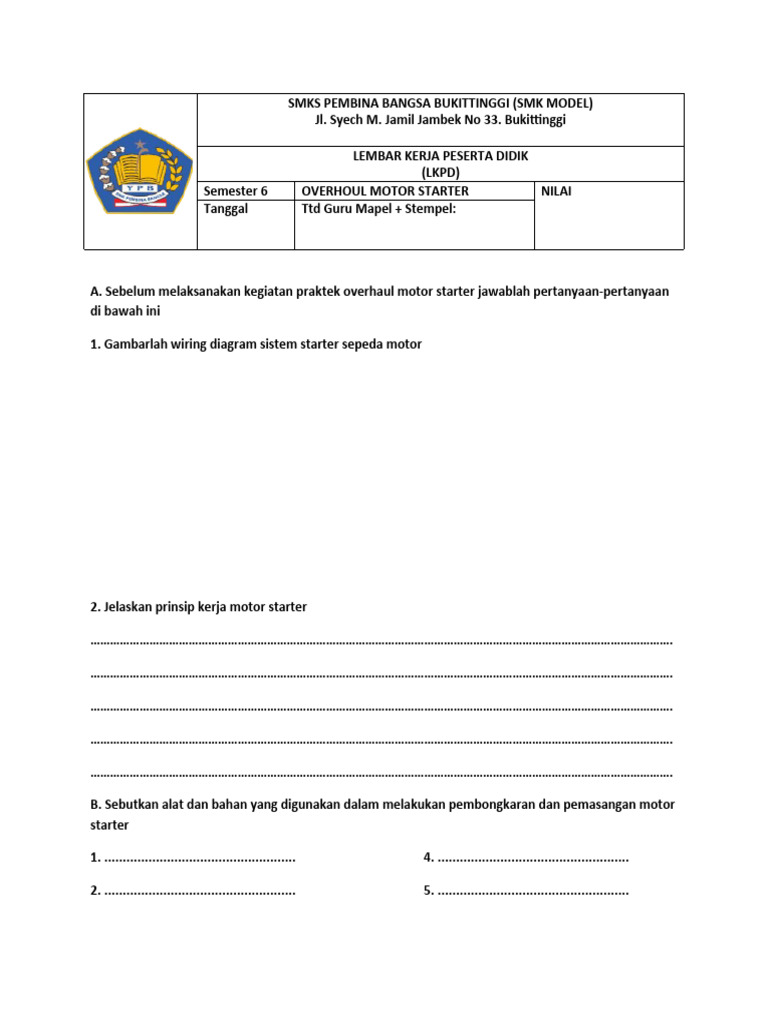 Job Sheet Starter Pdf