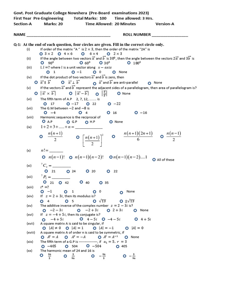 1st Maths GPGCNM | PDF | Matrix (Mathematics) | Complex Number