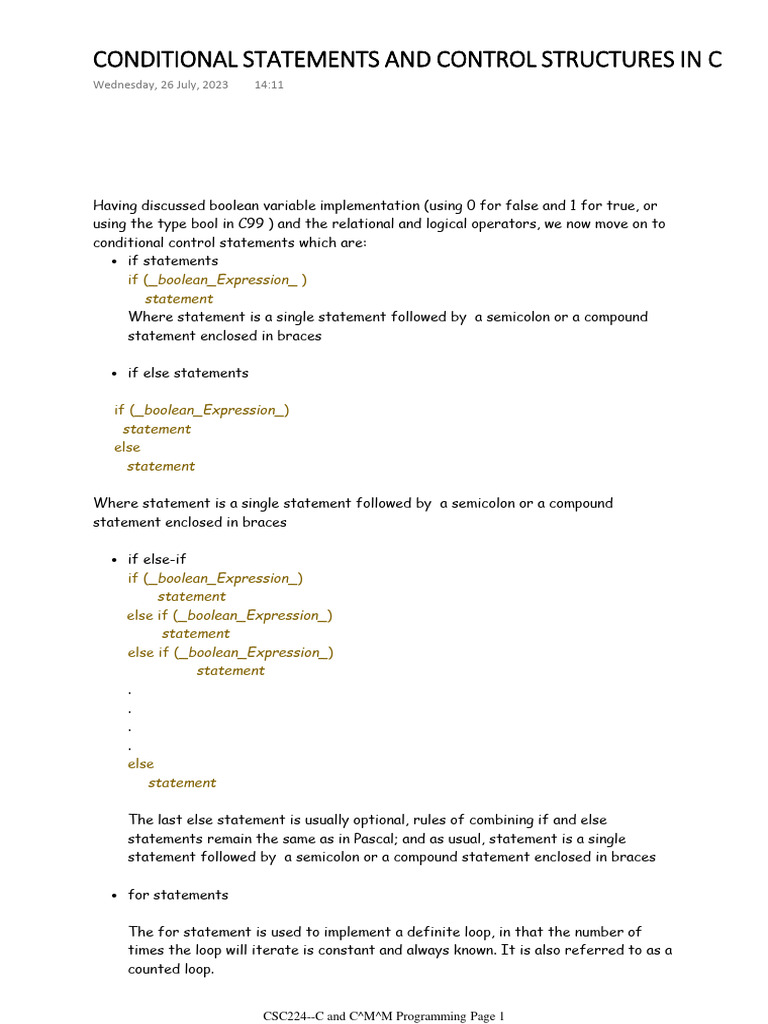 CONDITIONAL STATEMENTS AND CONTROL STRUCTURES IN C | Download Free PDF ... CONDITIONAL STATEMENTS AND CONTROL STRUCTURES IN C | Download Free PDF ...