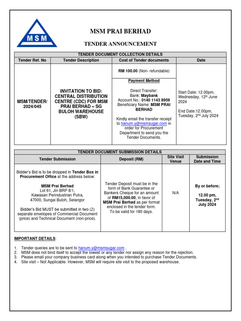 2024 045 - Itba For Central Distribution Centre CDC For MSM Prai SBW ...