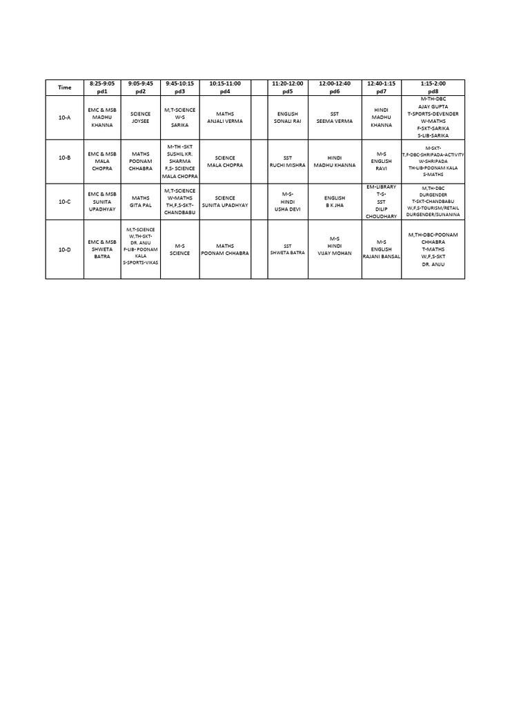 Time Table Class 10 | PDF Time Table Class 10 | PDF