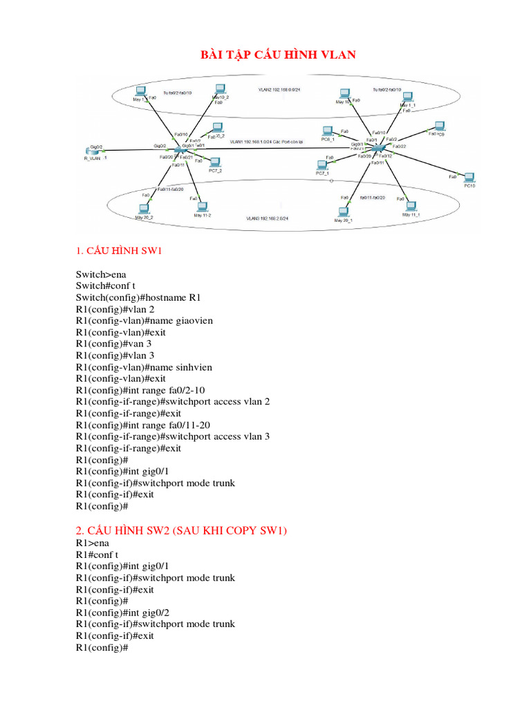HƯỚNG-DẪN-CẤU-HÌNH-VLAN-2-Switch-1-router-IP-động-Vlan | PDF