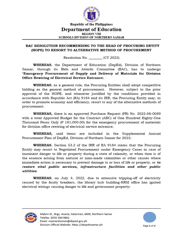 BAC Resolution-Emergency Cases | PDF | Procurement