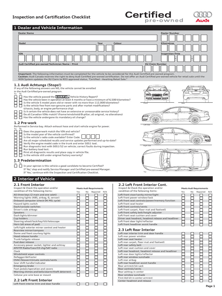 Inspection and Certification Checklist 2 Interior of Vehicle - Audi ...
