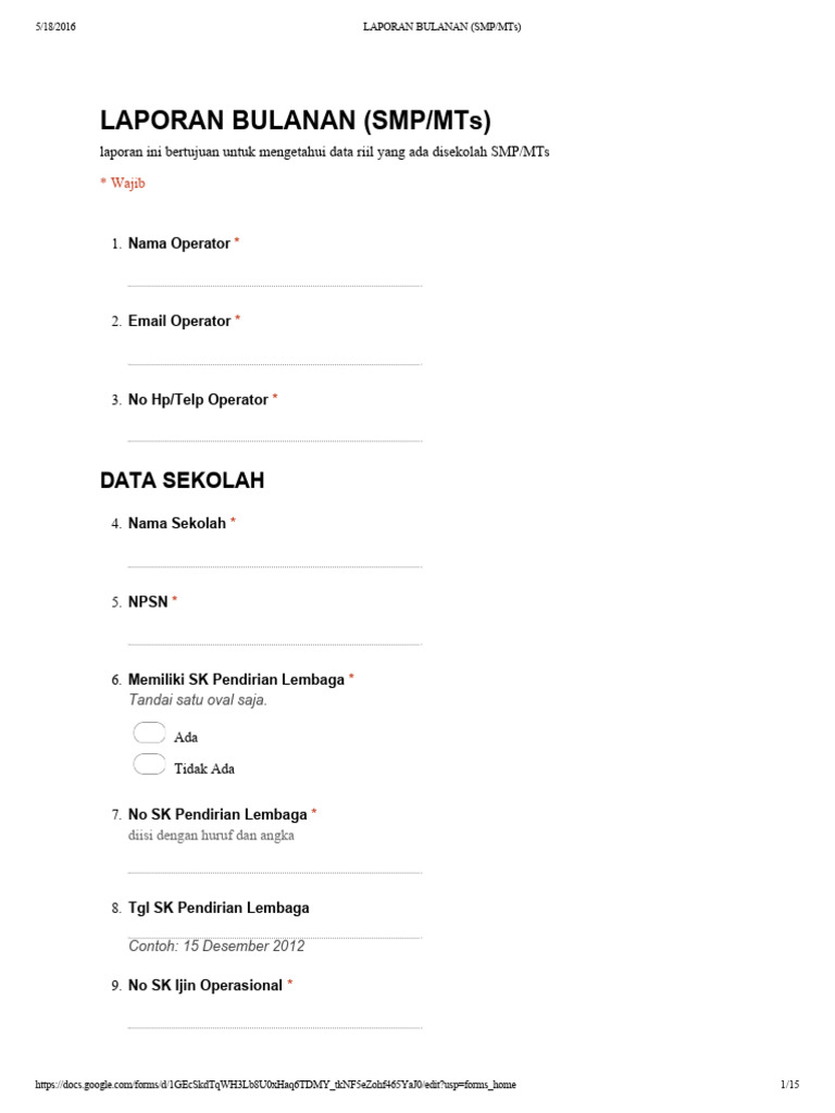Laporan Bulanan SMP Mts Google Formulir | PDF