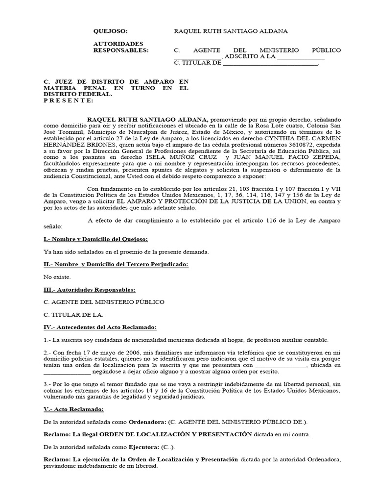 Amparo Vs Orden Localización y Presentación RAQUEL RUTH | PDF | Derecho Constitucional | México