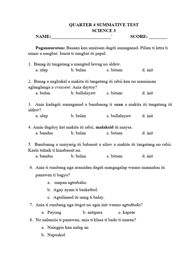 4th Quarter Summative Test | PDF