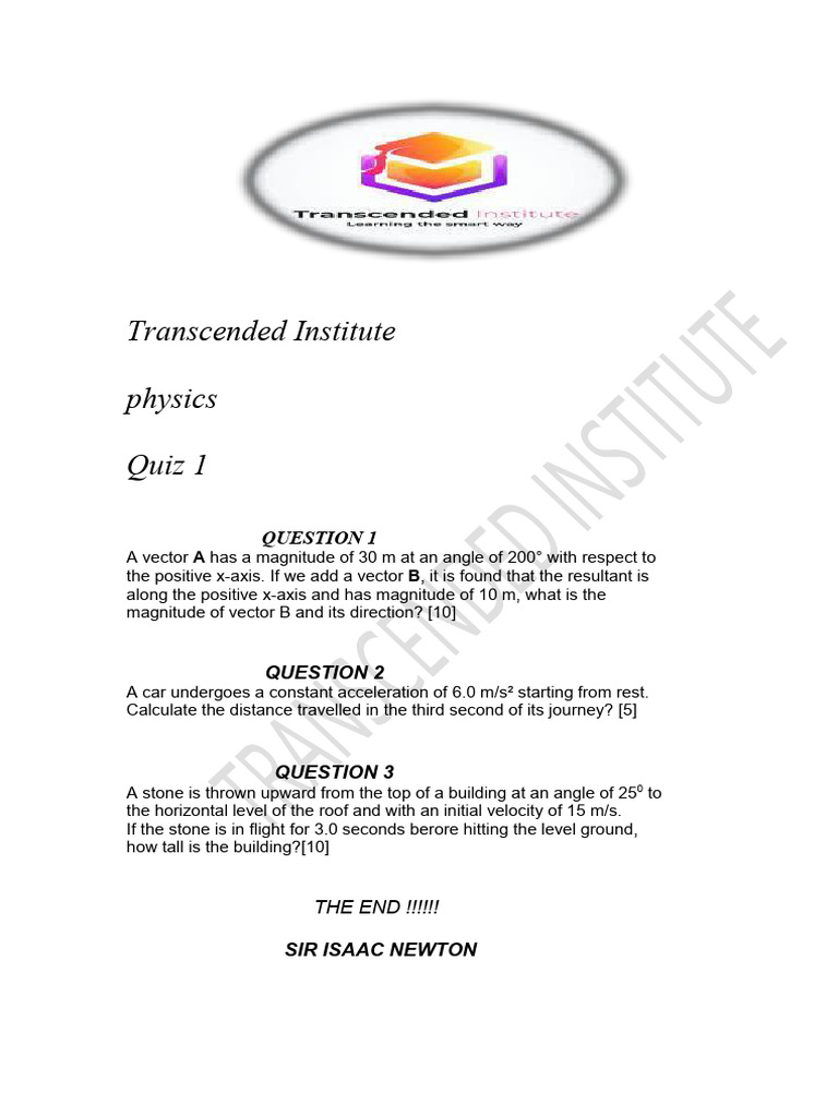 Physics Quiz: Vectors and Motion | PDF | Teaching Methods & Materials ...
