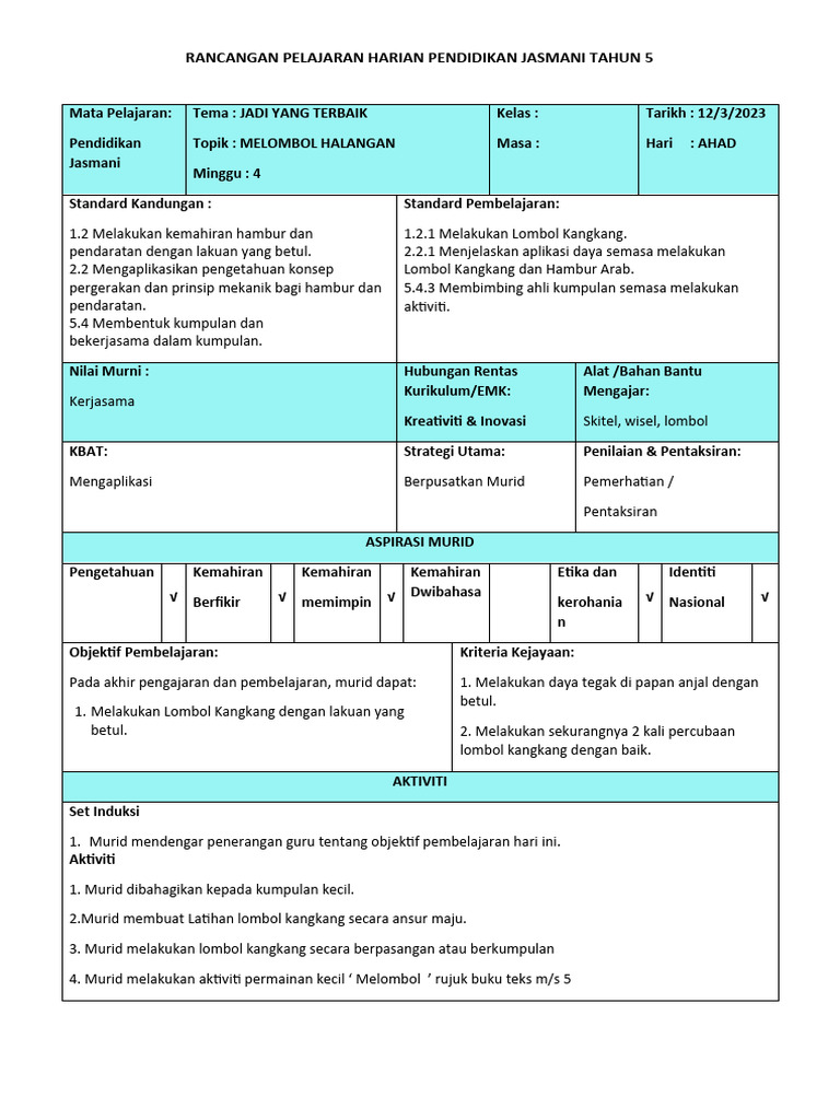 RPH PJ Tahun 5 2023 m4 at Aras | PDF | Karier & Perkembangan