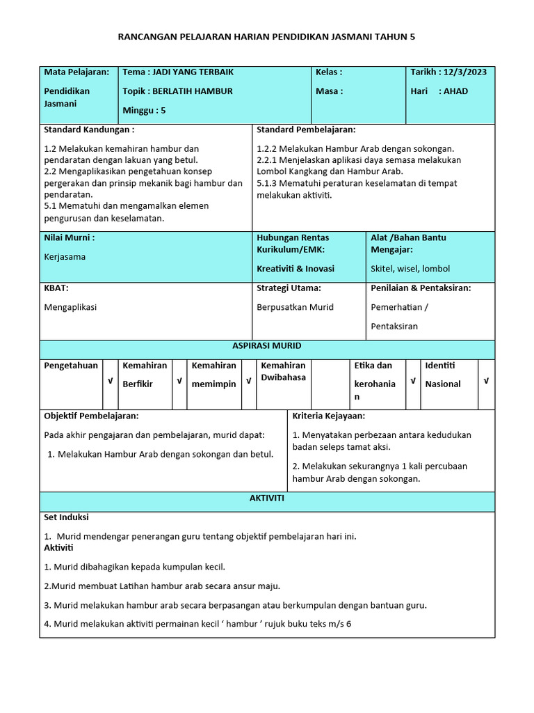 RPH PJ Tahun 5 2023 m5 at Aras | PDF