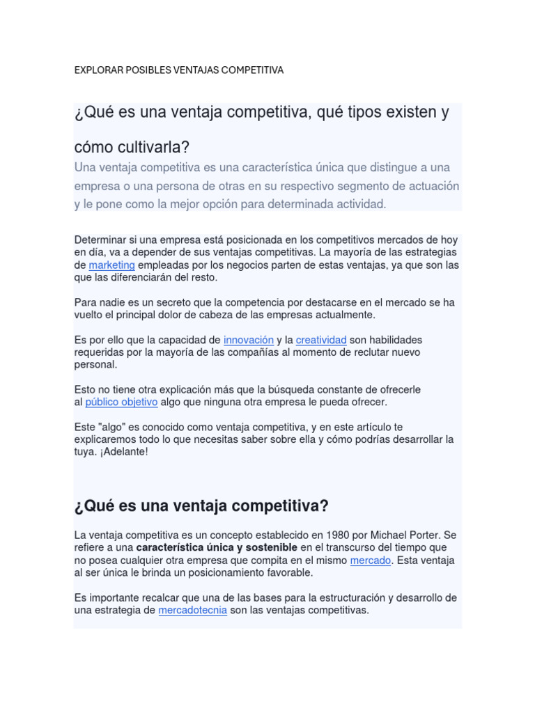 Explorar Posibles Ventajas Competitiva | PDF | Ventaja competitiva | Mercado (economía)