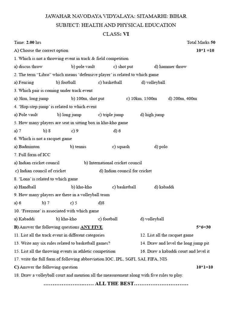 Physical Education Paper Class VI | PDF