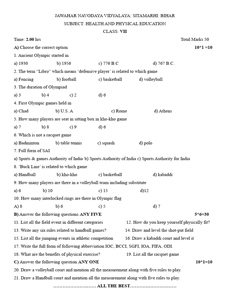 physical education paper Class VII | PDF