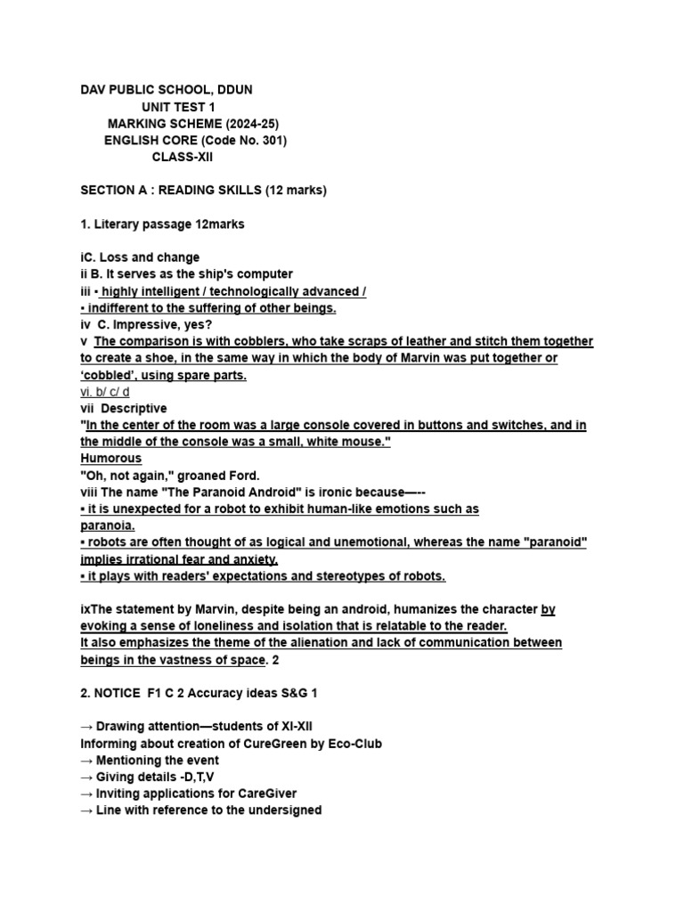 MY MARKING SCHEME Class 12 UT1 | PDF | Psychology | Behavioural Sciences