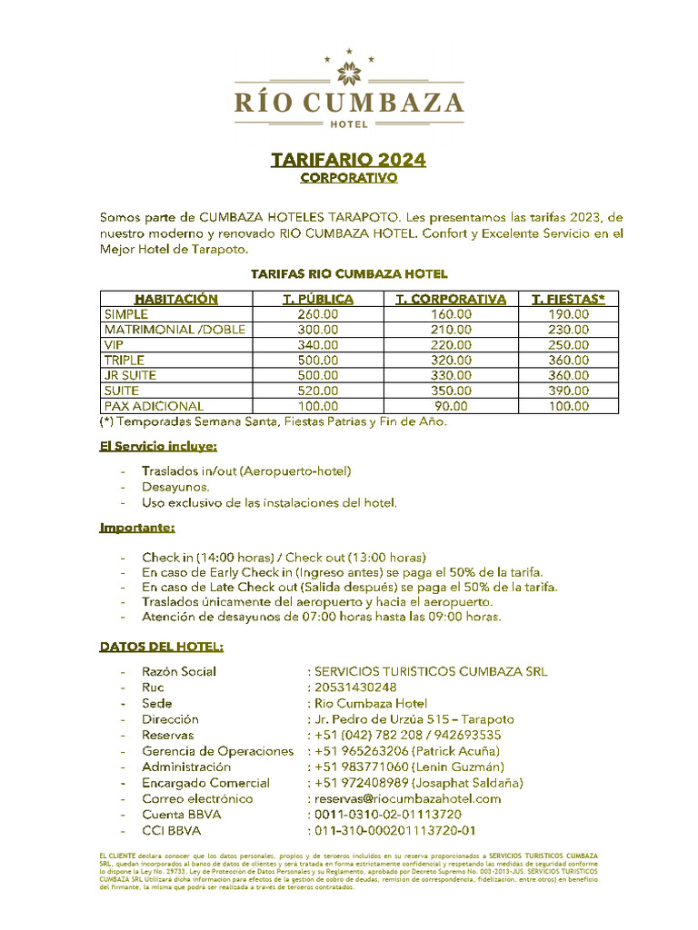 Tarifario Rio Cumbaza Hotel (Corporativo) 2024 | PDF