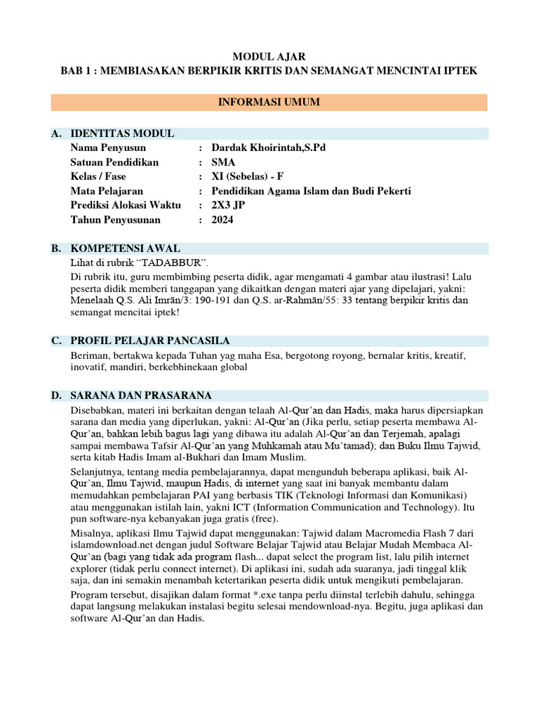 Modul Xi Pai Dardak Khoirintaha Compressed | PDF | Karier & Perkembangan | Agama & Spiritualitas