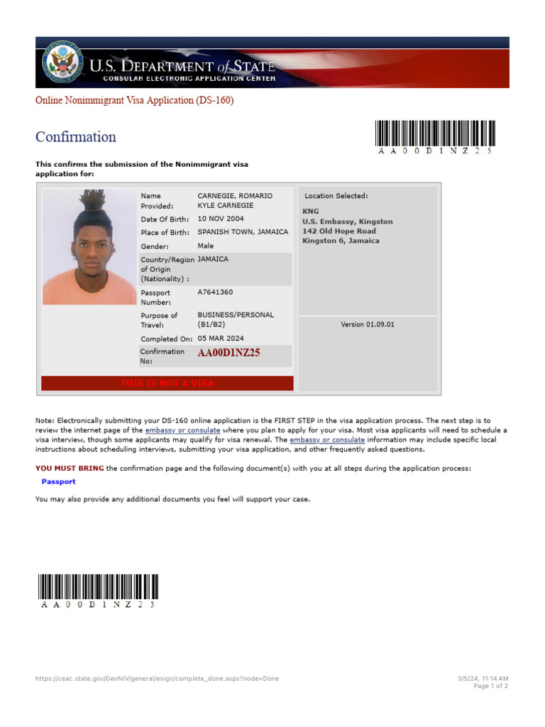 DS-160 Submission Confirmation | PDF | Travel Visa | Fingerprint