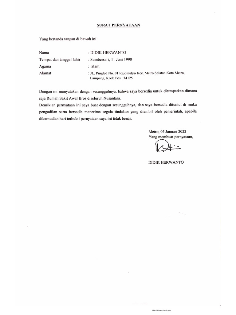 Surat Pernyataan RS Awal Bros | PDF