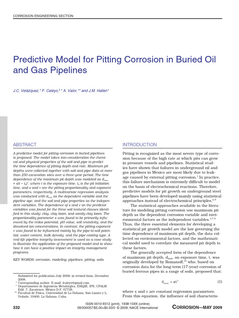 Predictive Model For Pitting Corrosion in Buried Oil and Gas Pipelines | PDF | Regression ...