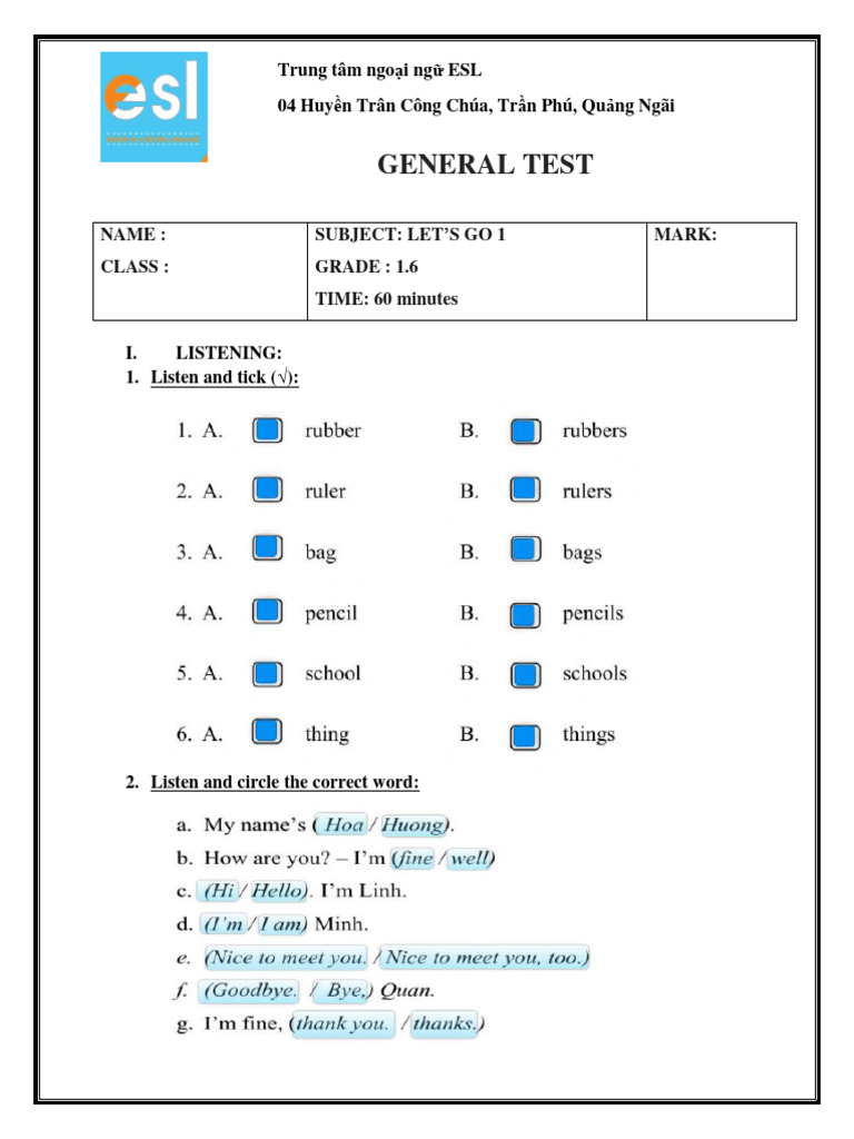 Grade 1.6 Test Let's Go 1 | PDF