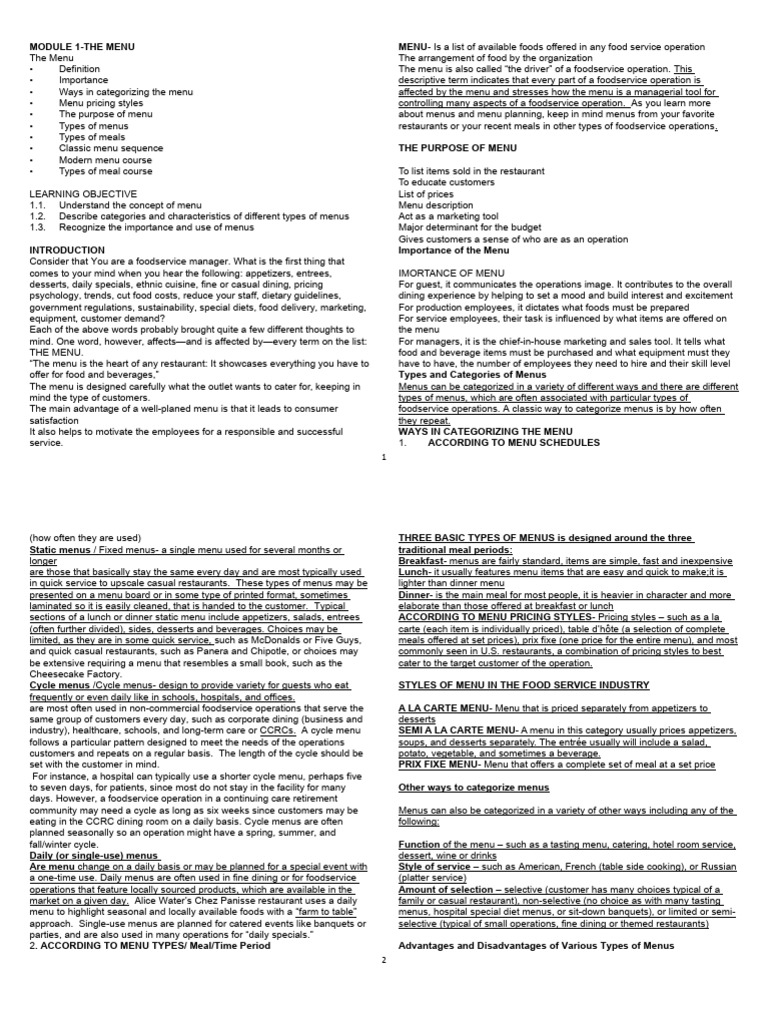 Menu Design Module Pdf Menu Meal