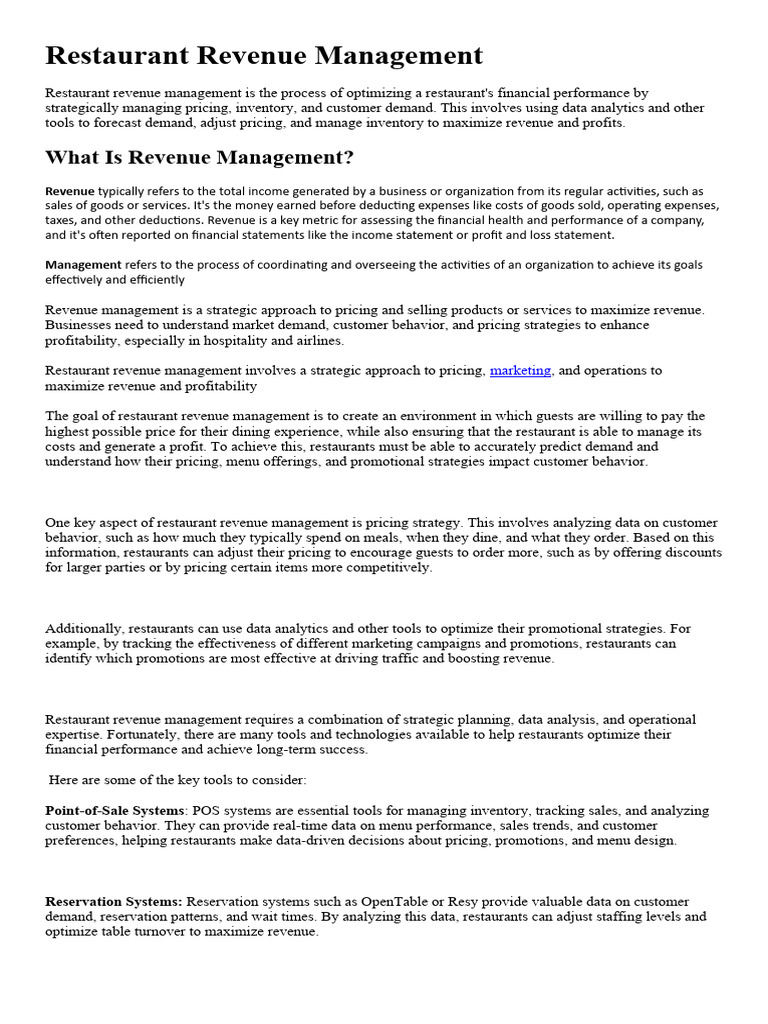 Restaurant Revenue Management | PDF | Pricing | Point Of Sale