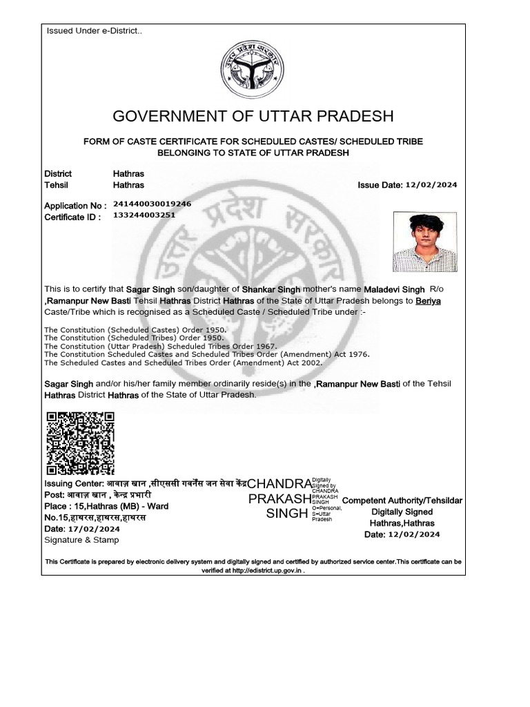 Edistrict - Up.gov - in Edistrict Certificate Caste Forms Printcert - Aspx Application No ...