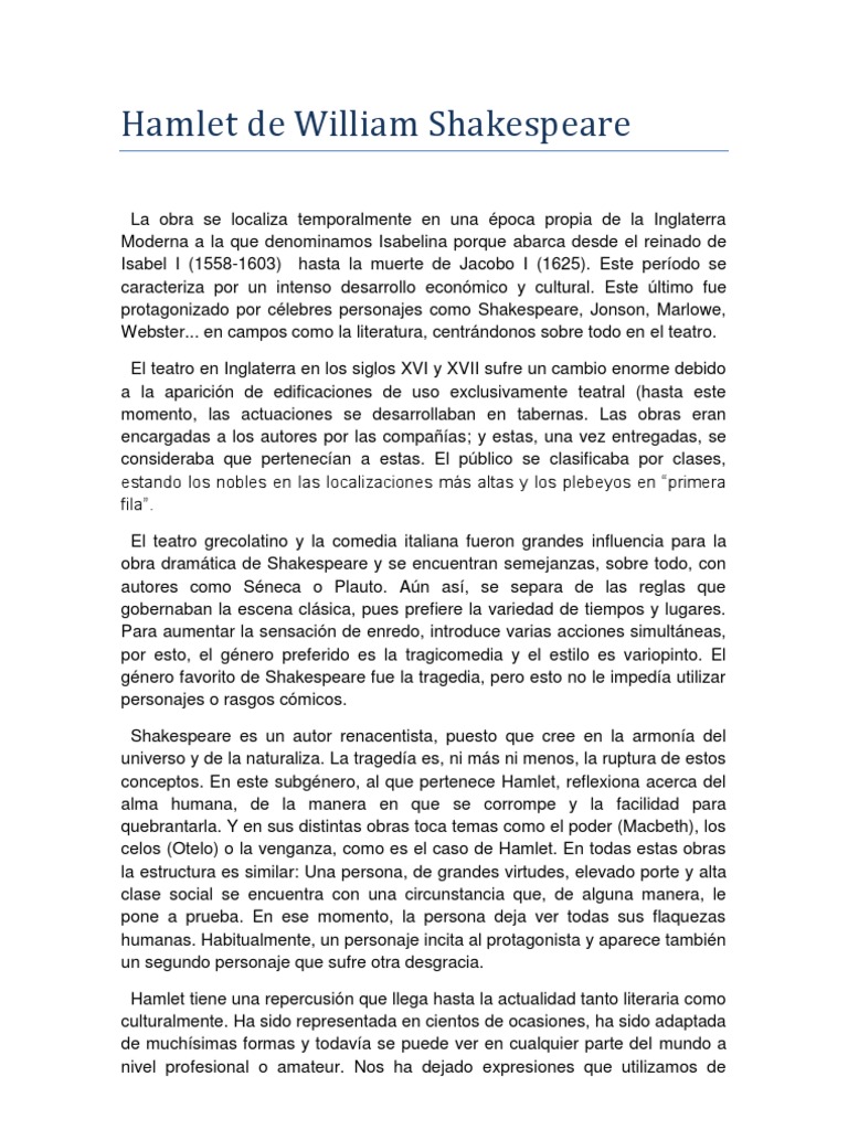 Trabajo de Hamlet | PDF | William Shakespeare | Teatro