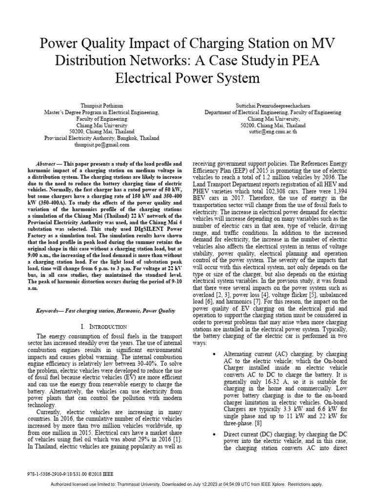 Power Quality Impact of Charging Station On MV Distribution Networks A Case Study in PEA ...
