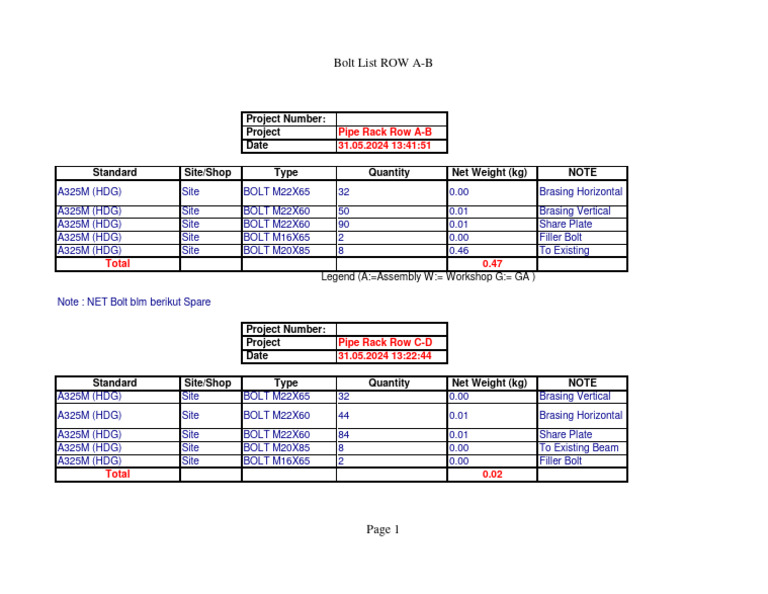 Pipe Rack Bolt List A-B & C-D | PDF