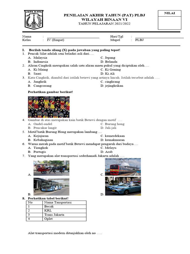 Soal Pat PLBJ Kelas 4 | PDF