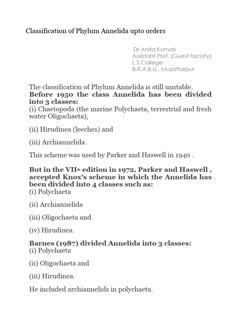 Classification of Annelida by Class | PDF | Science & Mathematics