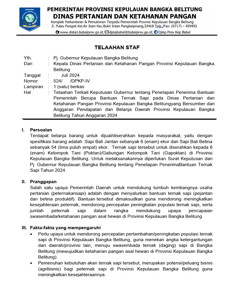 Telaahan Staf PKH (SK Ter. Sapi) | PDF | Pengelolaan Keuangan & Uang