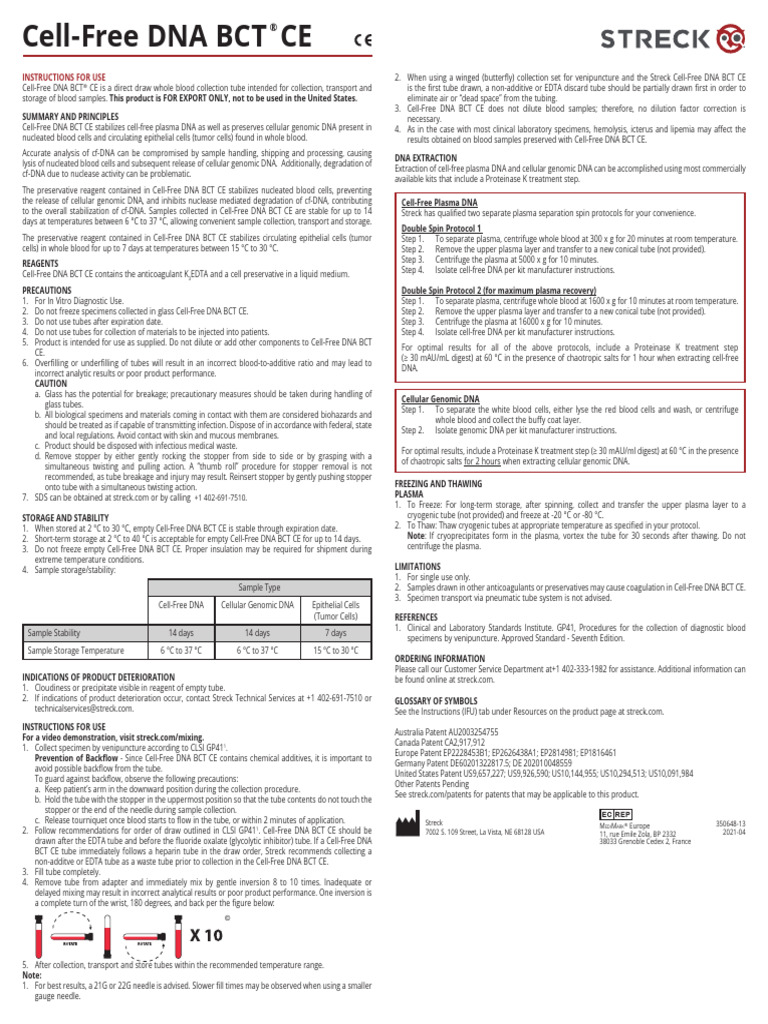 03 Cell-Free DNA BCT CE IFU | PDF | Blood Plasma | Centrifuge