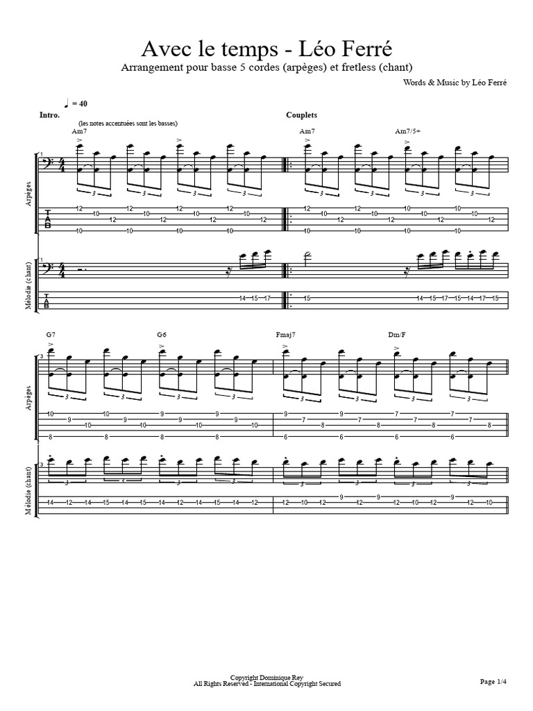 Avec Le Temps - Léo Ferré (2 Basses) | PDF | Harmonie | Compositions ...