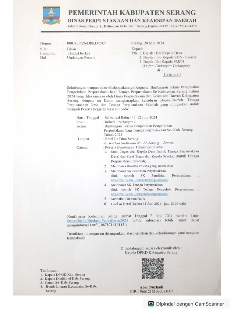 Undangan Peserta Bimtek Tenaga Perpus 2024 | PDF