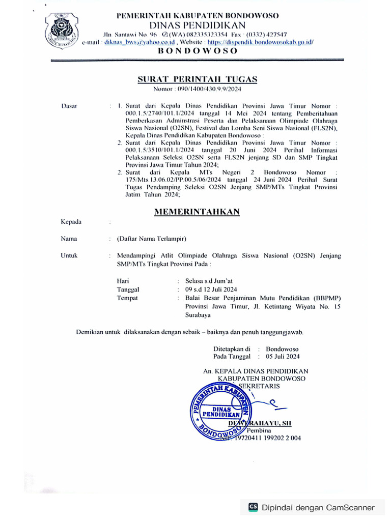 Surat Tugas Pendamping Atlit O2SN | PDF