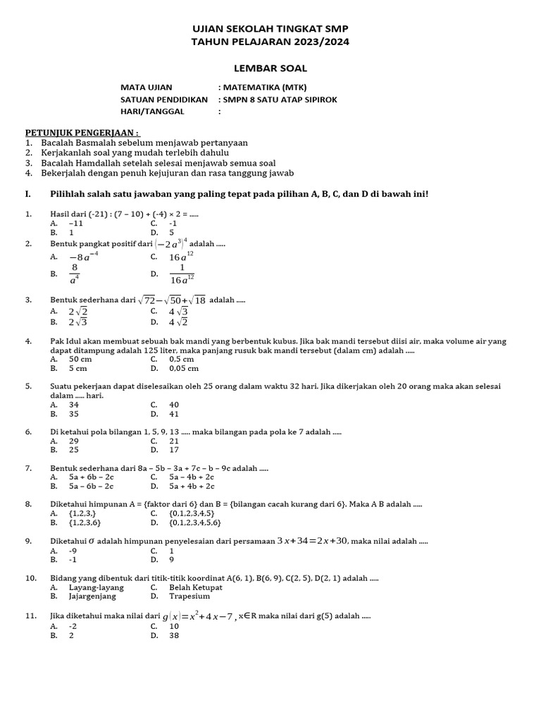 Soal Uas MTK 2024 | PDF