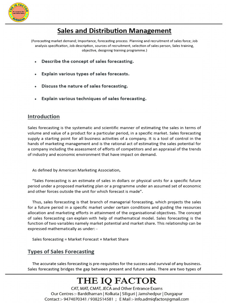 Sales Management Unit 3 | PDF | Forecasting | Regression Analysis