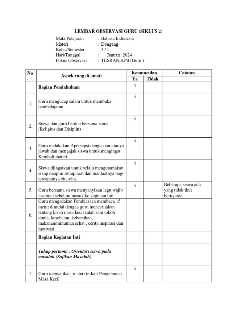 Lembar Observasi Guru | PDF | Karier & Perkembangan
