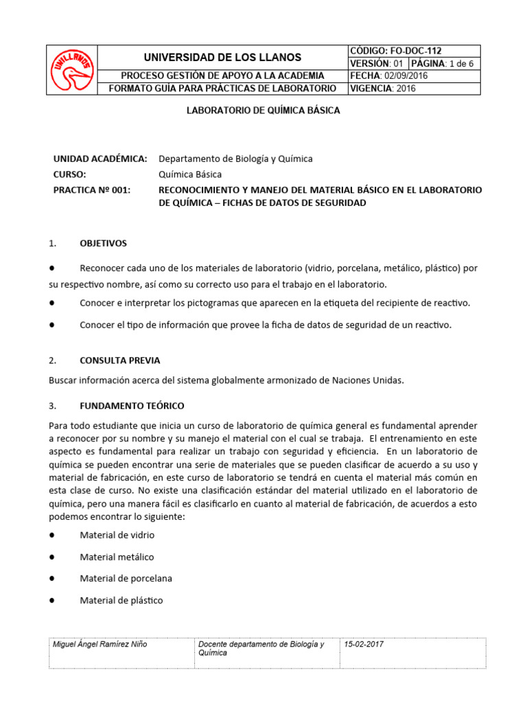 Guía 001 RECONOCIMIENTO Y MANEJO DEL MATERIAL BÁSICO EN EL LABORATORIO ...