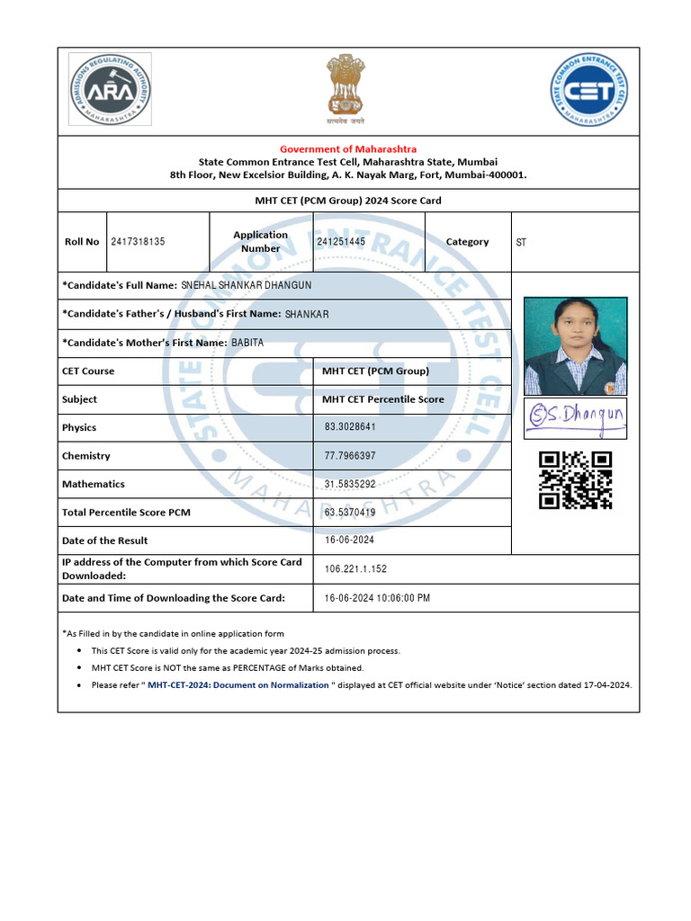 Government of Maharashtra: MHT-CET-2024: Document On Normalization | PDF