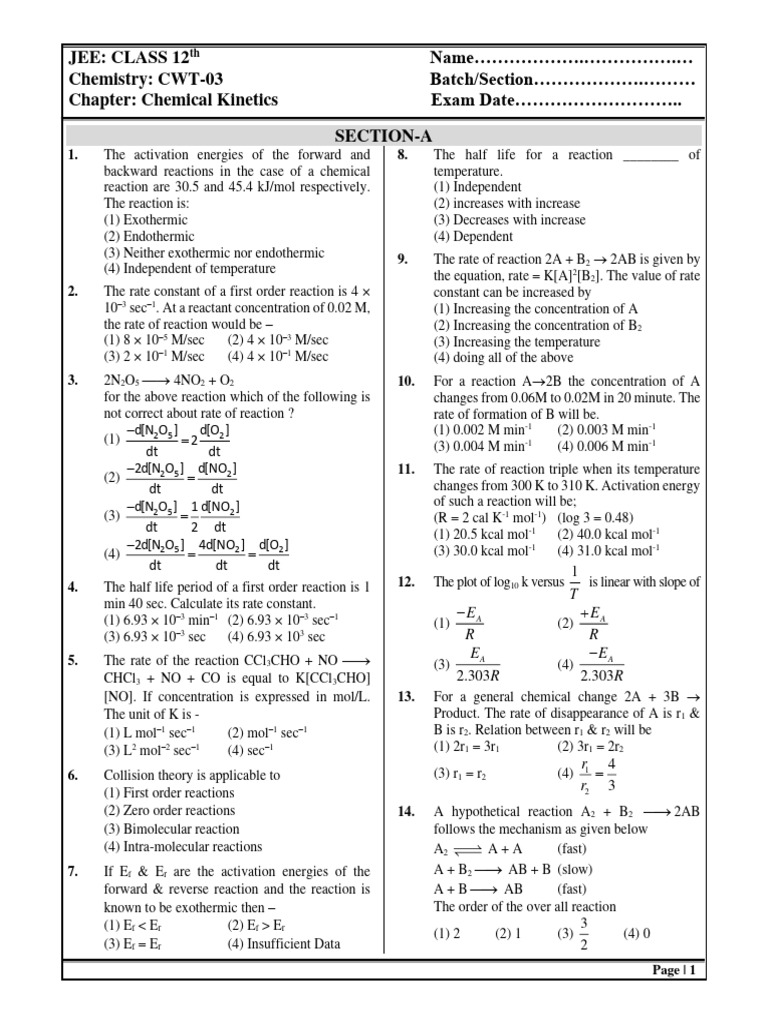 Chemical Kinetics JEE CWT-03 Test Paper | PDF | Reaction Rate ...
