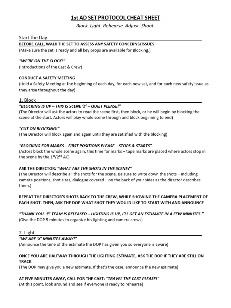 1st AD Protocol Cheat Sheet - 27Apr2020 | PDF | Camera