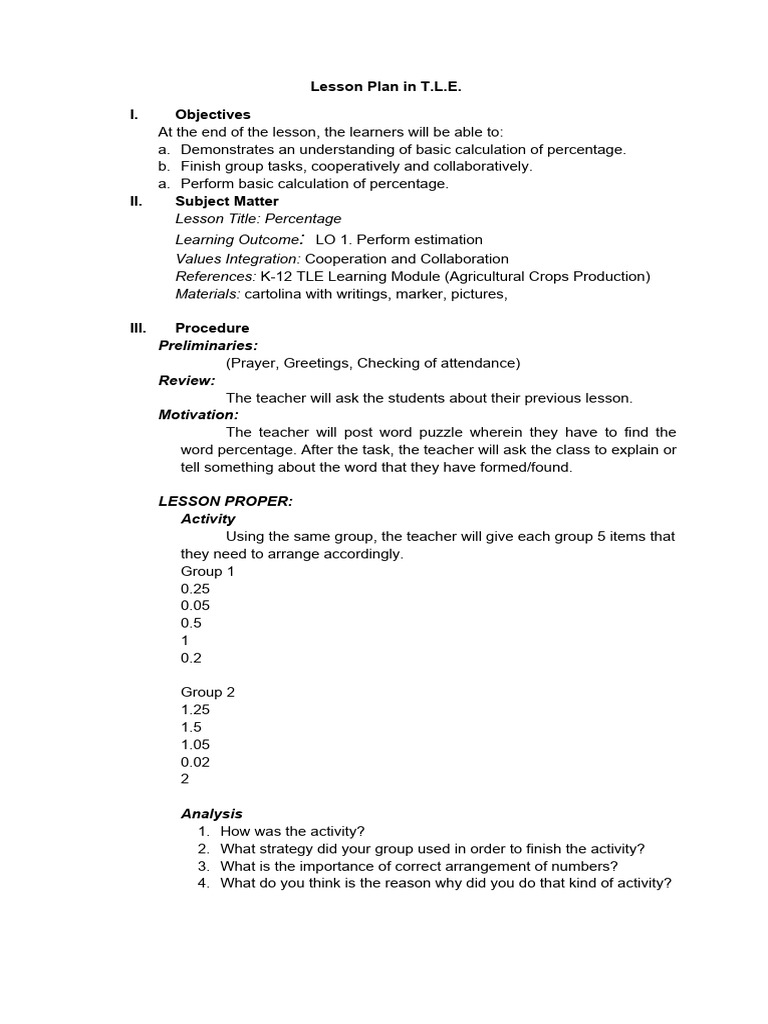 TLE Lesson Plan template semi-detailed | PDF | Lesson Plan | Percentage